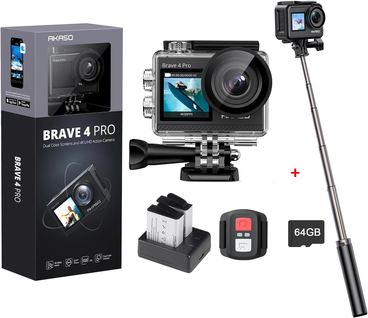 Amazon.com: AKASO Brave 4 Pro Action Camera with 64GB Card and 60cm ...
