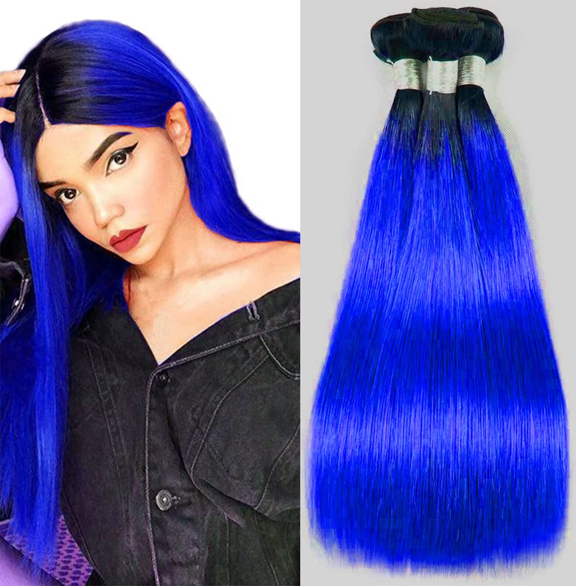 Amazon.com : MA Blue Straight Human Hair 3 Bundles Remy Hair Extensions ...