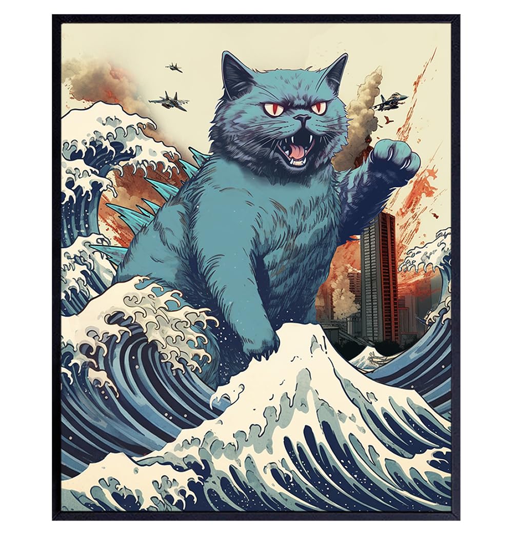 Amazon.com: Vintage Funny Cat Wall Art & Decor - Catzilla Japanese Wall ...