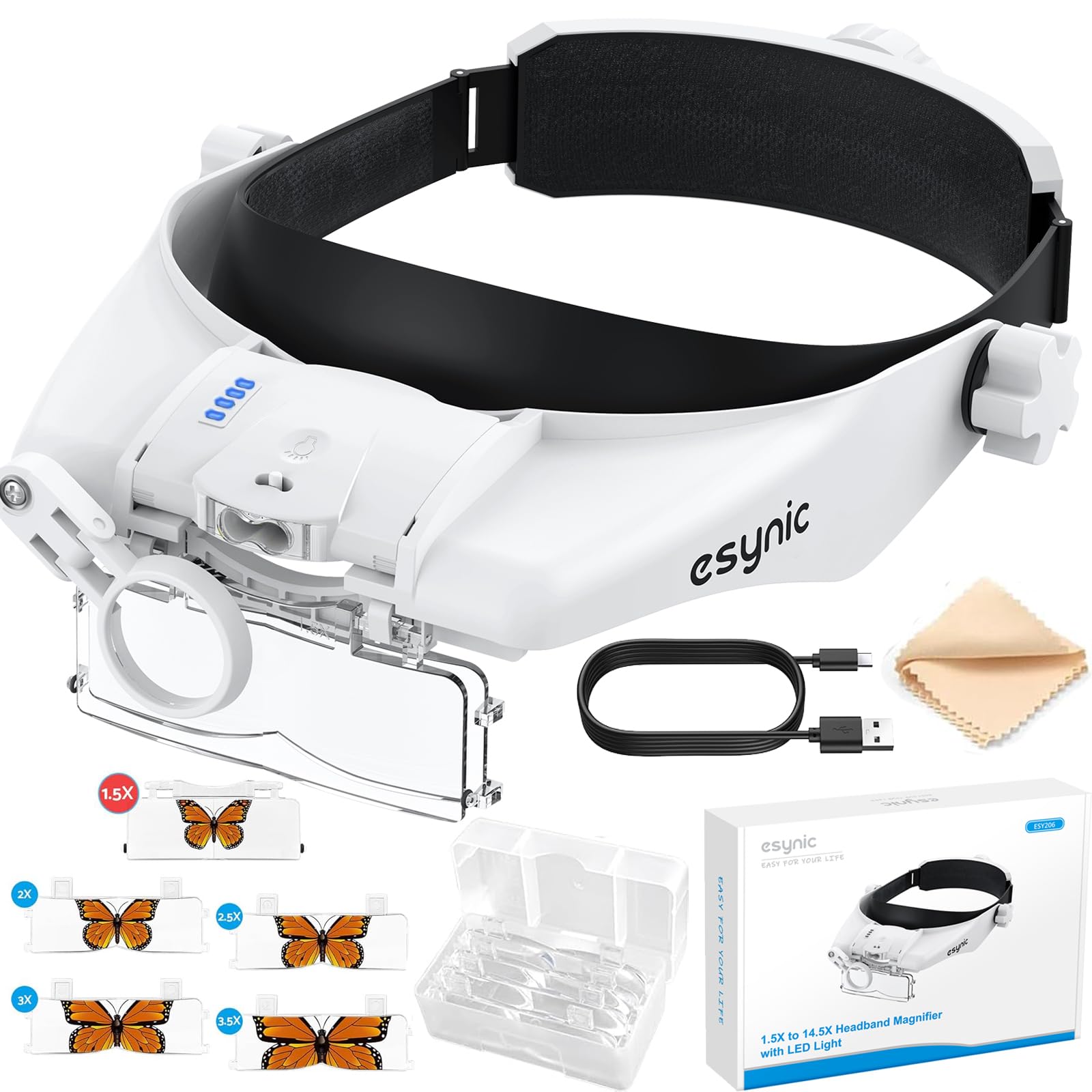 eSynic Rechargeable Head Magnifying Glass with LED Light 1.5-13X ...