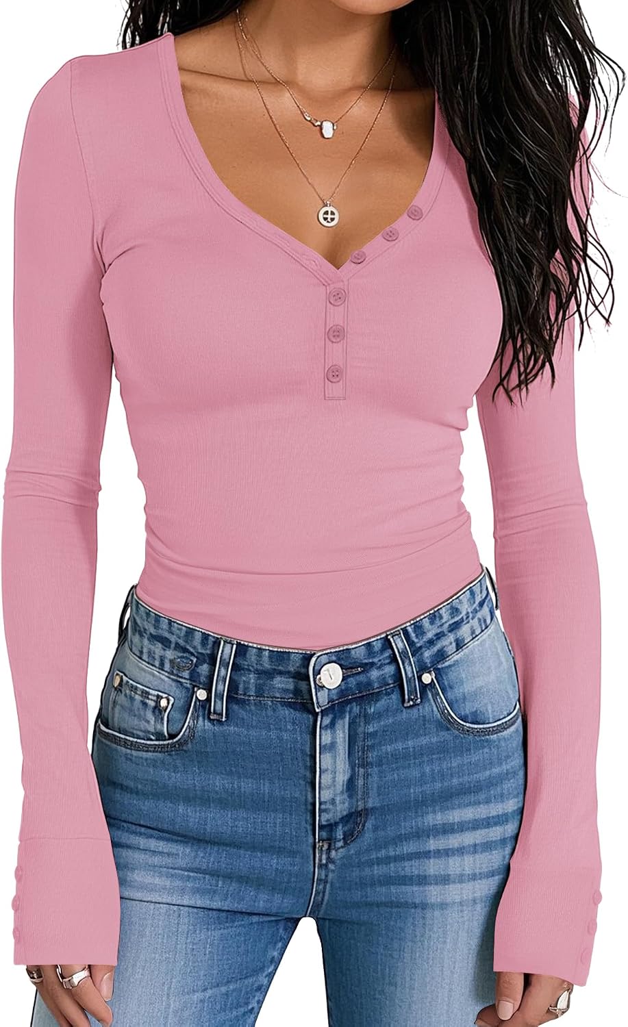Amazon.com: Prettywear Long Sleeve Shirts for Women Henley V Neck ...