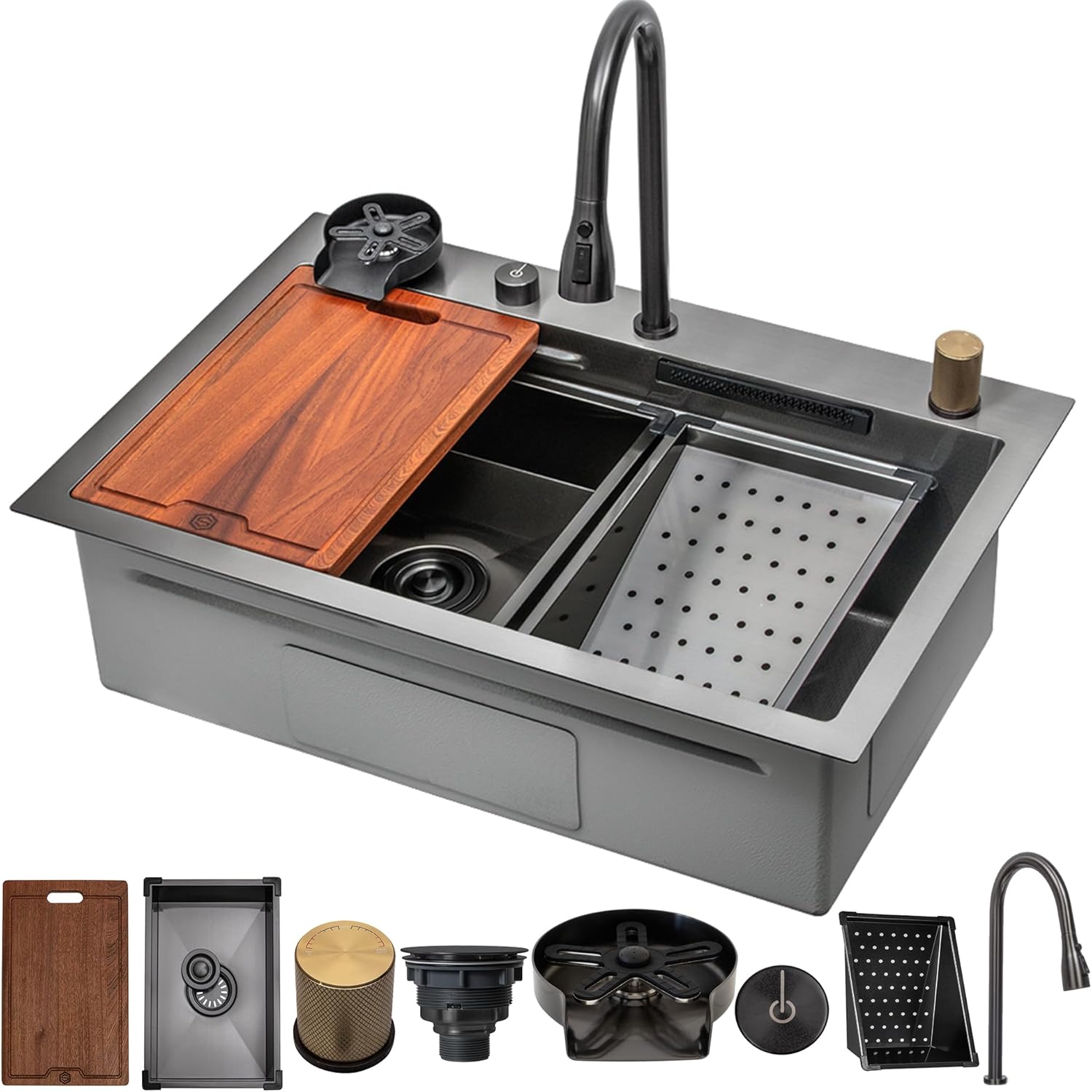 Strictly Sinks 33 Inch Waterfall Kitchen Sink with Glass Rinser–16 ...