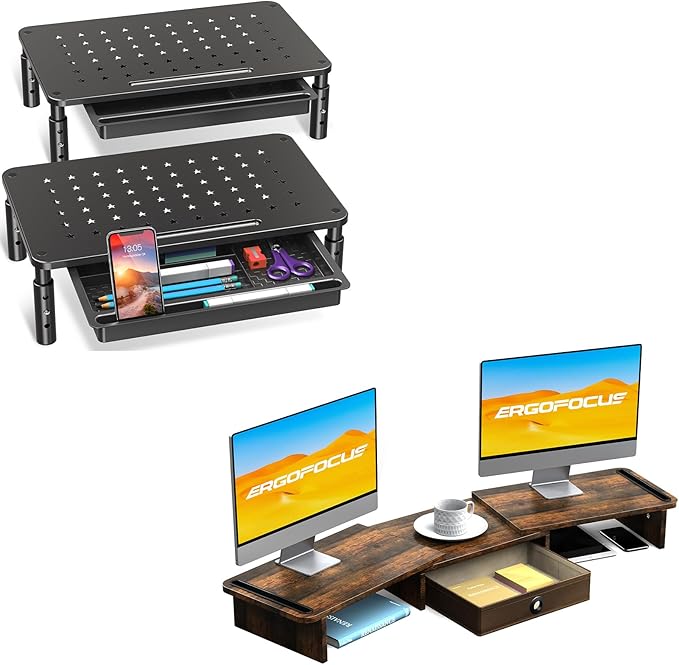 Amazon.com: ELIVED 2 Pack Monitor Stand Riser with Drawer +3 Shelf Wood ...