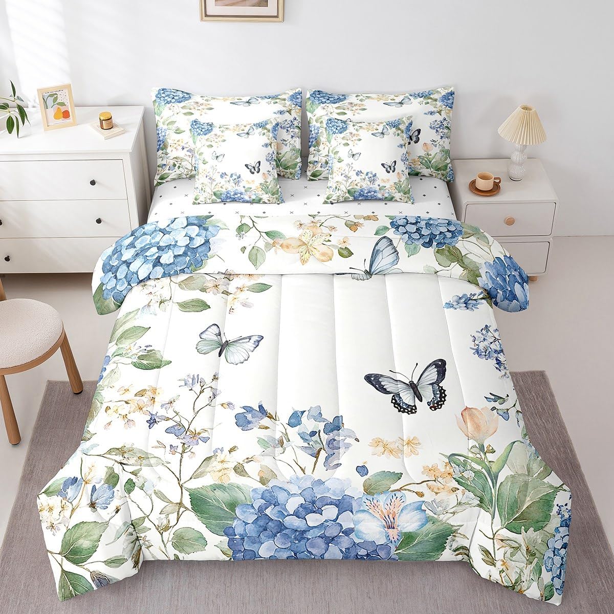 Amazon.com: Garden Flower 7 Piece Bedding Set Queen Size Hydrangea ...