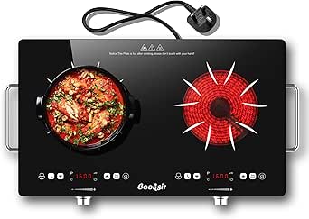 Cooksir Ceramic Hob with Plug 2 Zone, Double Ceramic Hob with Knob ...