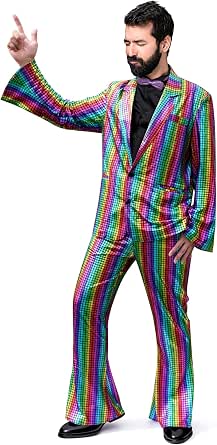 QAUJERY Men's 2 Piece 70s Disco Outfit Rainbow Suit Sequin Jacket and ...