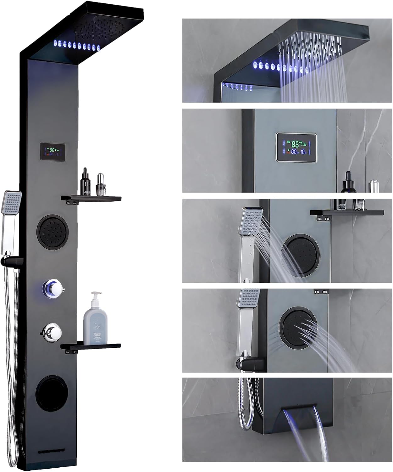 RUITHOE LED Black Shower Panels Tower System with Storage Shelf, LCD ...
