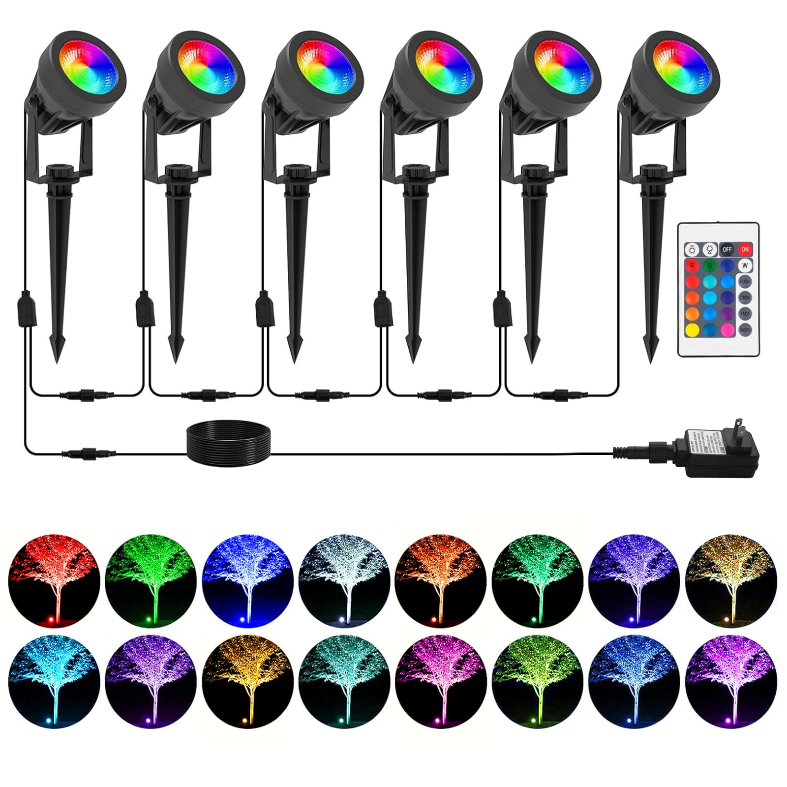 T-SUNUS RGB Garden Spotlights Mains Powered, 6-in-1 16 RGB Colors 4 ...