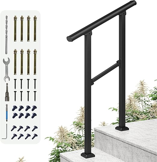 LOVMOR 2 Step Hand Rails for Outdoor Steps, Wrought Iron Railing ...