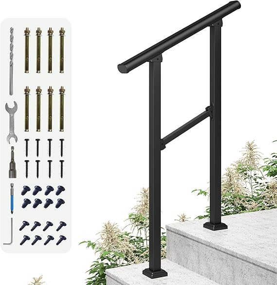 LOVMOR 2 Step Hand Rails for Outdoor Steps, Wrought Iron Railing ...