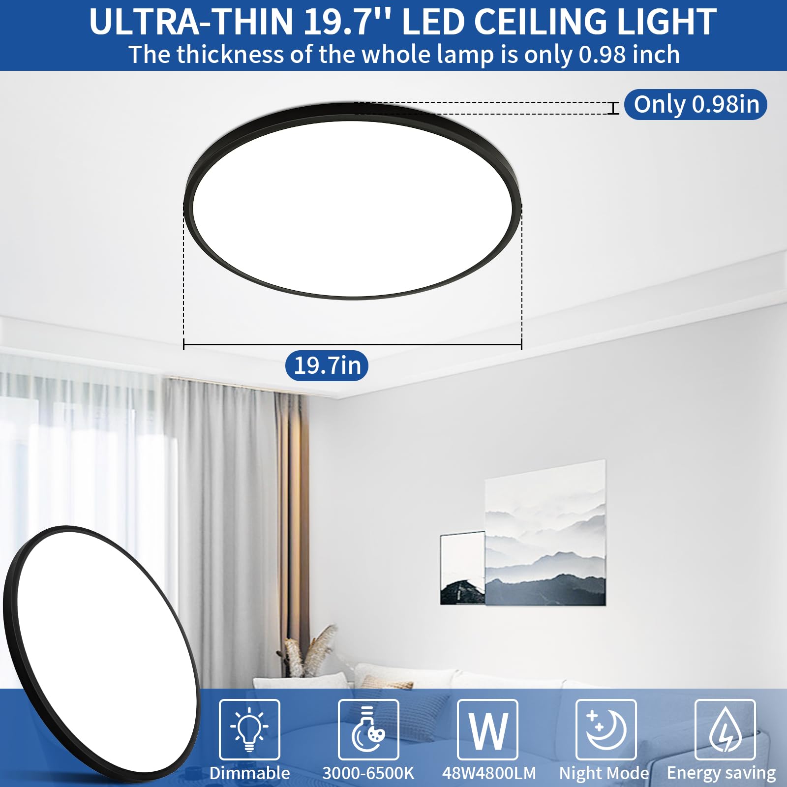 Glowall 19.7 Inch Led Ceiling Light Dimmable with Remote Control, 48W ...