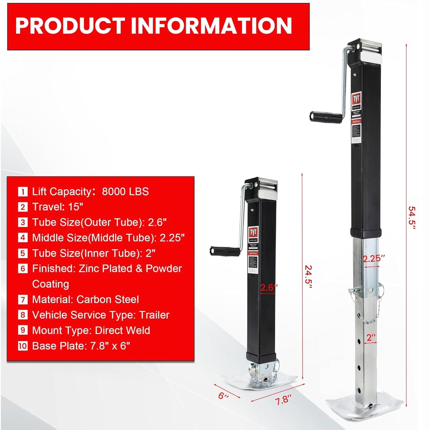 Snapklik.com : TYT 8000lbs Square Direct Weld Heavy Duty Trailer Jack ...