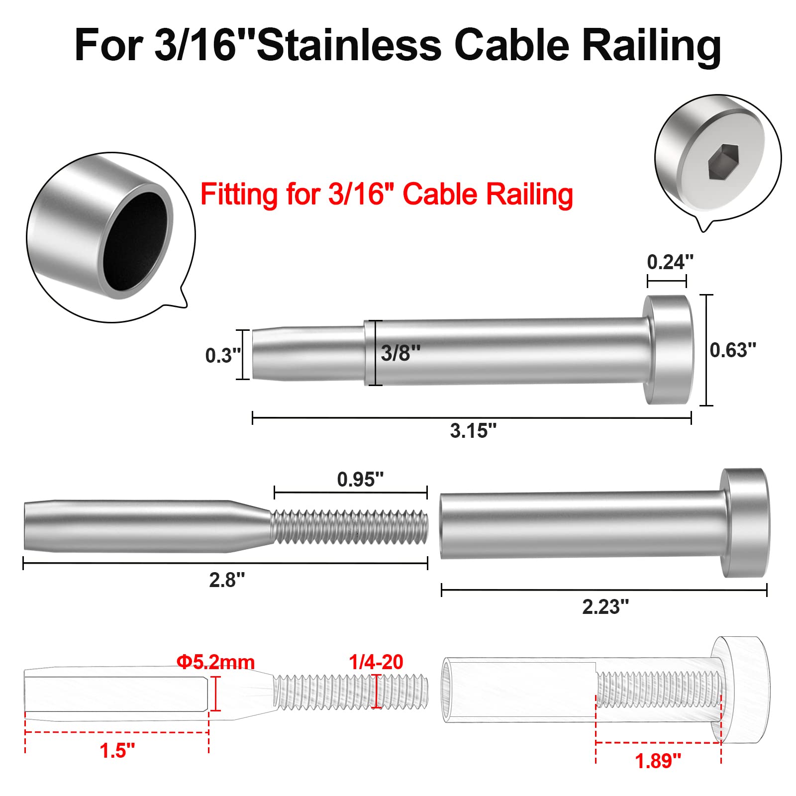 Snapklik.com : 50 Pack 3/16" Invisible Cable Railing Kit, Stainless ...