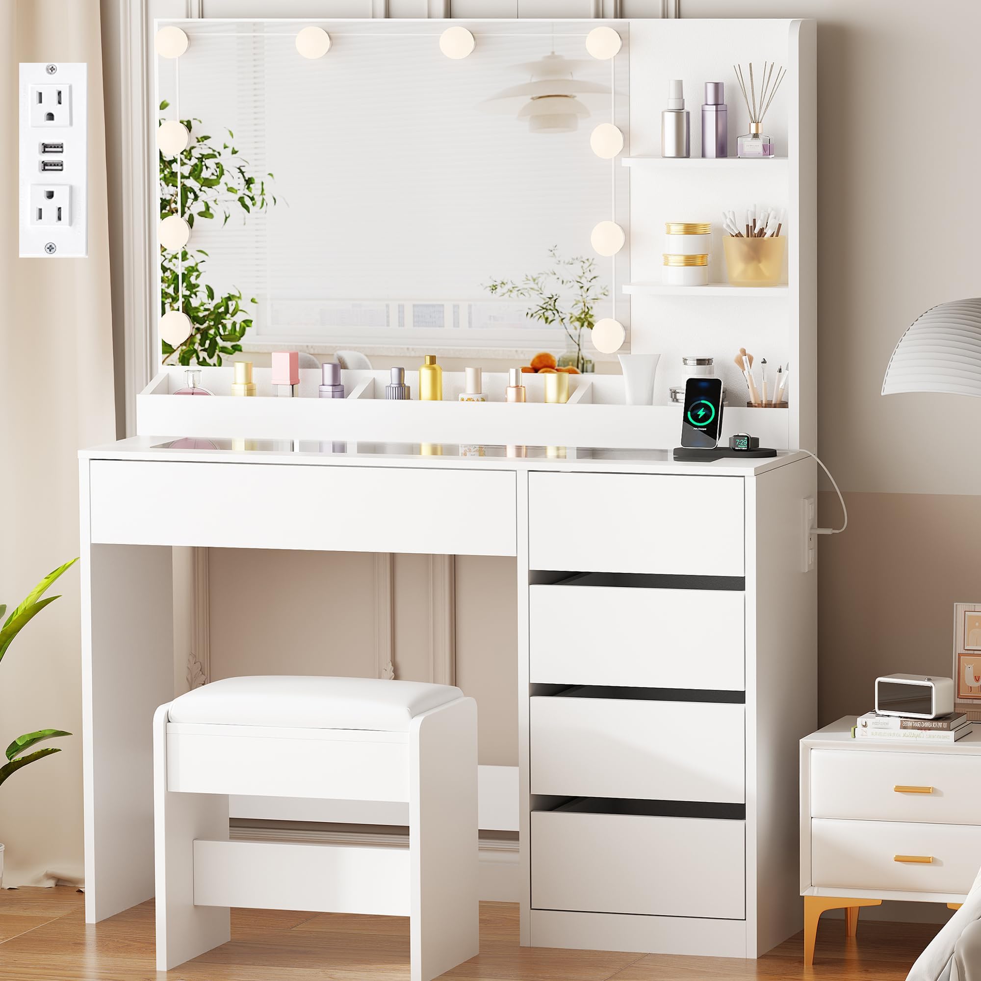 Amazon.com: White Vanity Desk with Mirror and Lights, 39.4" Wide Glass ...