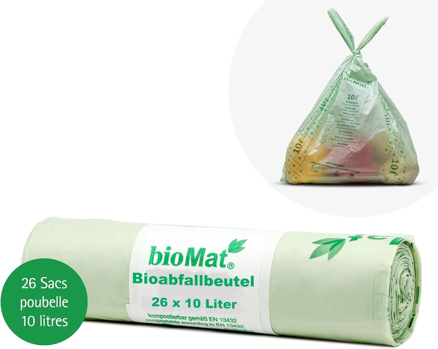bioMat Sac Poubelle Compostable 10l avec Poignée, 26 sacs, Qualité ...