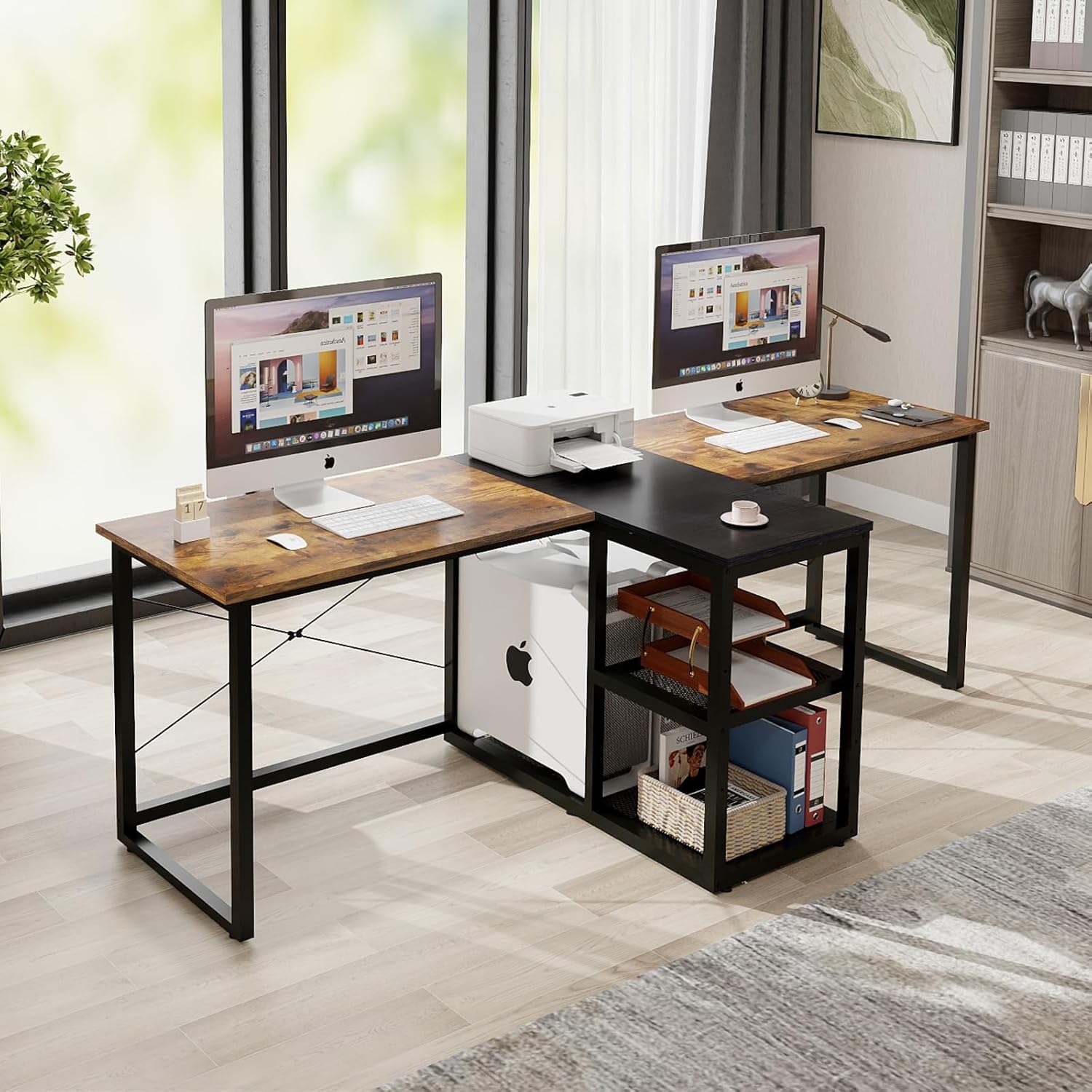 Amazon.com: Natwind Two Person Desk with Storage Shelves, 92.5" Double ...