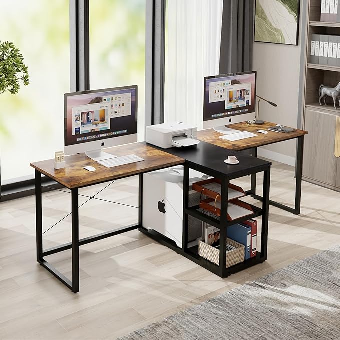 Amazon.com: Natwind Two Person Desk with Storage Shelves, 92.5" Double ...