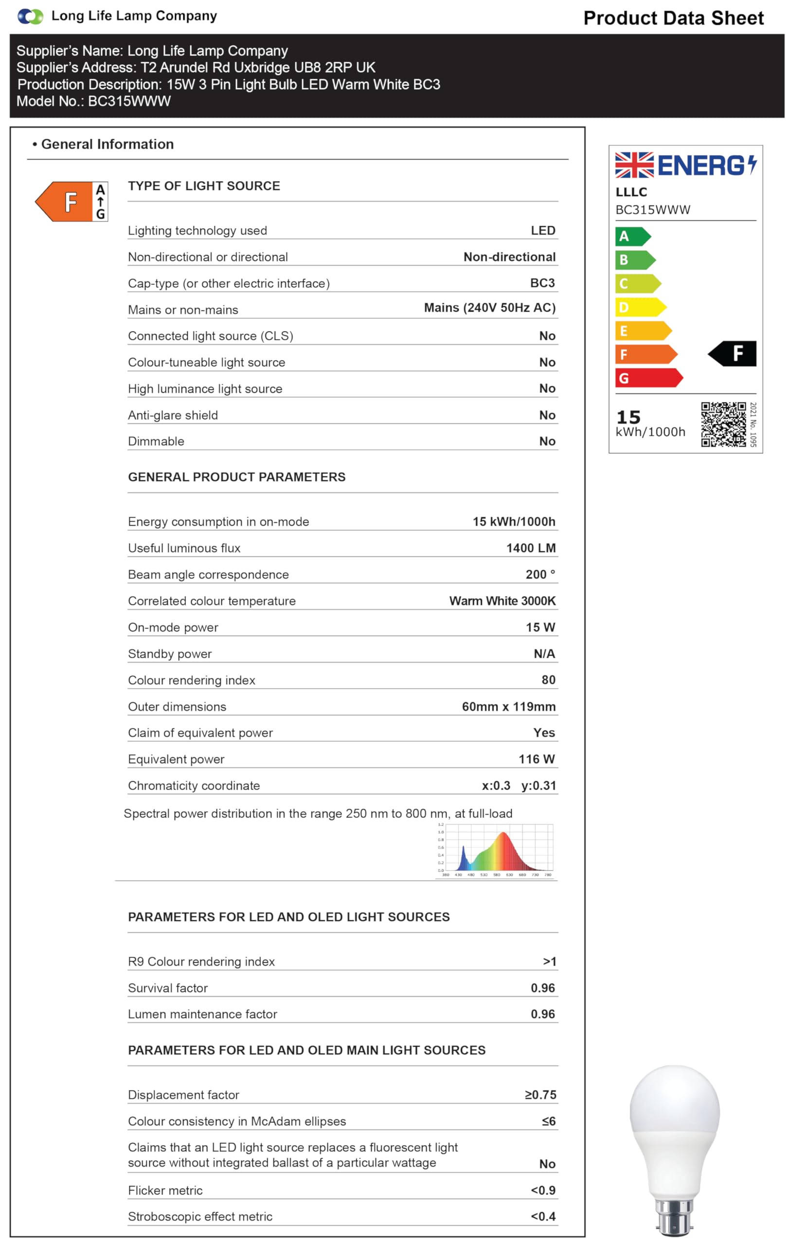 ECO 3 Pin BC3, 8W Energy Saving LED Light Bulb, 75W Equivalent, Warm ...