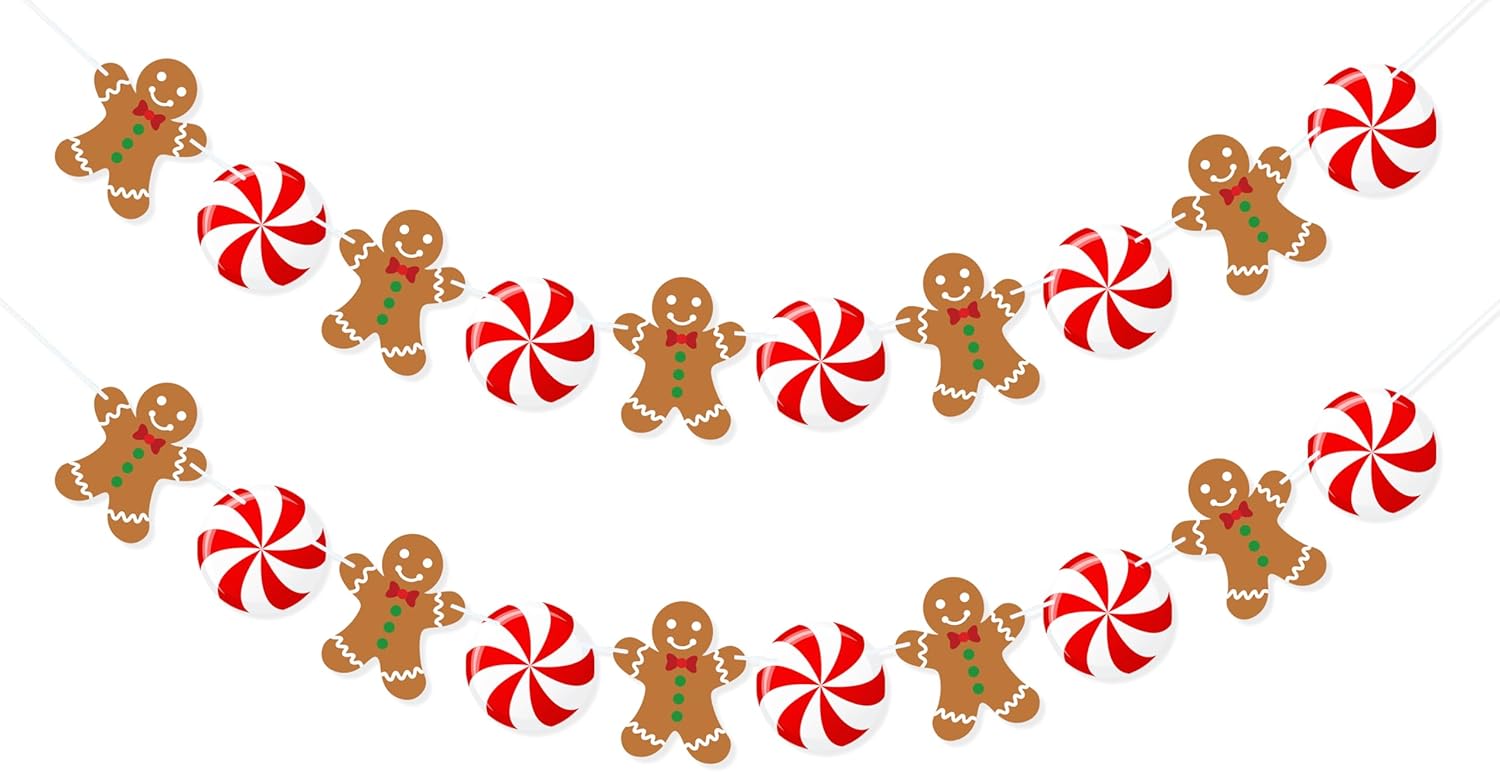 Amazon.com: Uniwish Peppermint Gingerbread Man Banner Garland Christmas ...