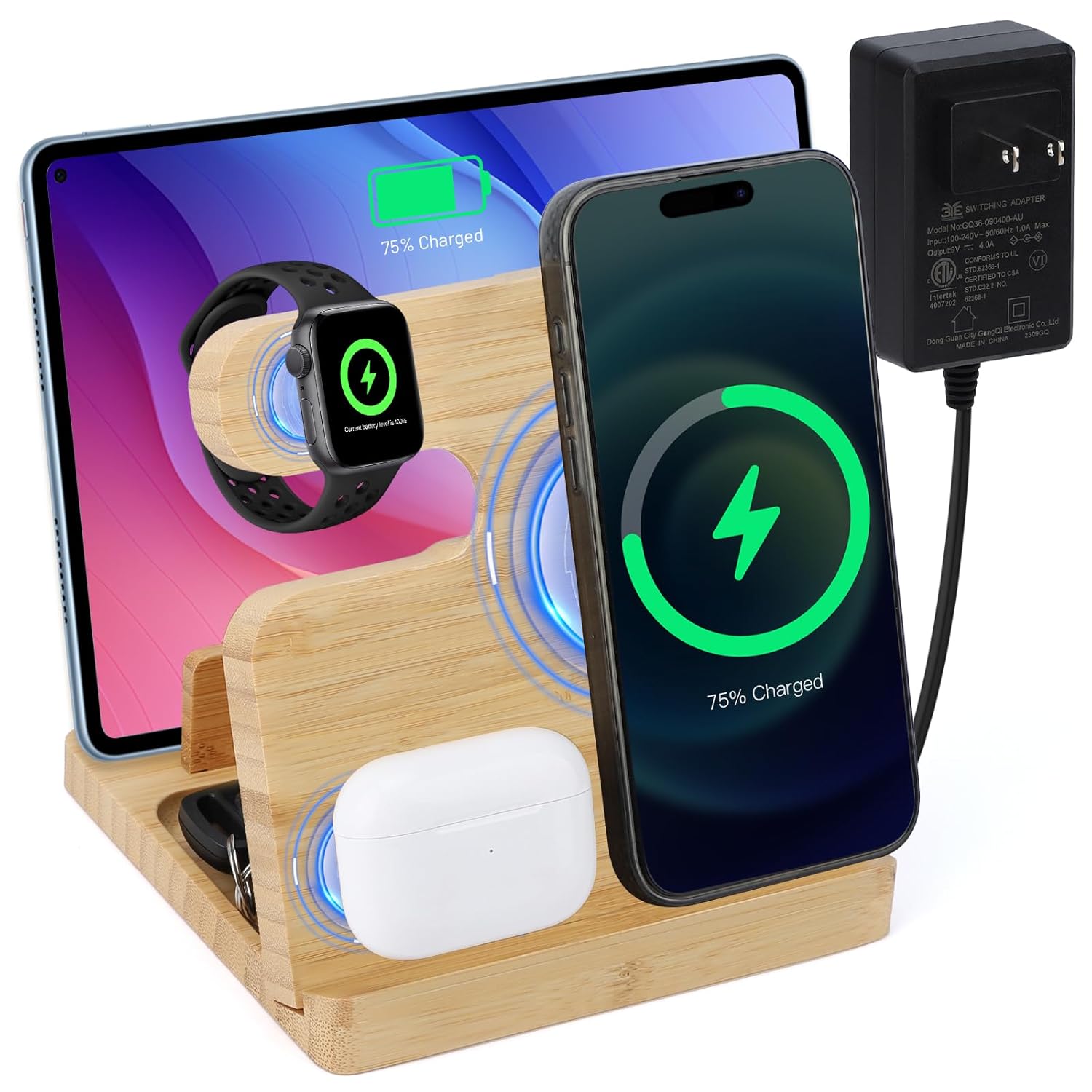 4-in-1 Bamboo Nightstand Wireless Charging Station for Healthy and ...
