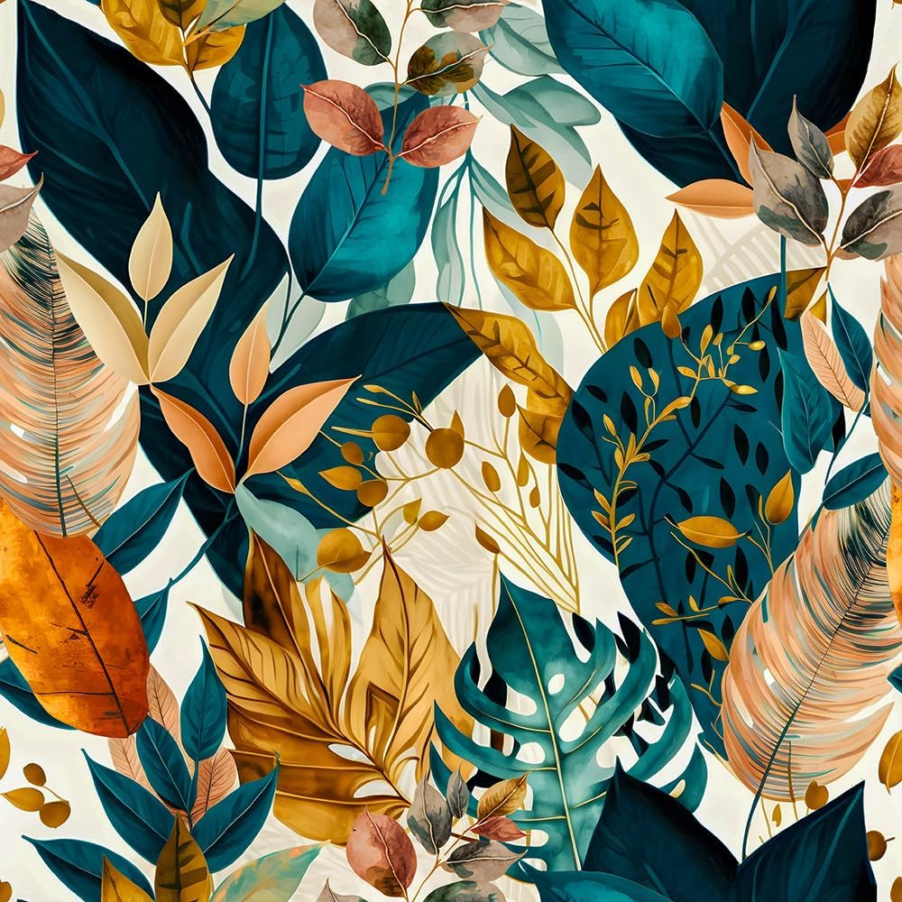 REDAMANCY Vintage Boho Dark Teal Blue Leaf Brown Yellow Leaves Peel and Stick Wallpaper Stick on ...