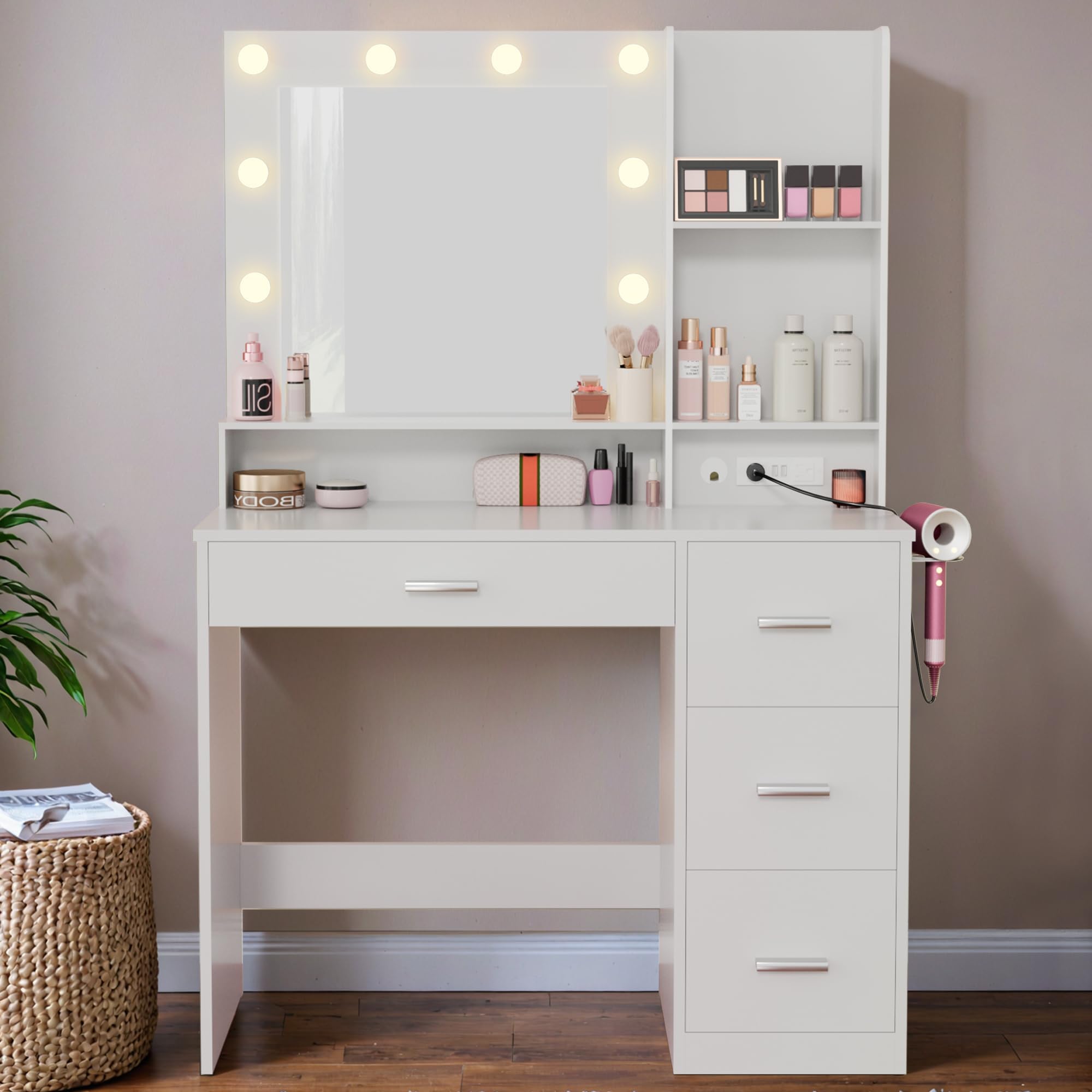 Amazon.com: Furmax Vanity Desk with LED Lighted Mirror&Power Outlet, 39 ...