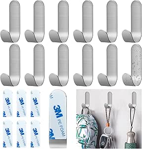 Realure 12 Pcs Stainless Steel Self Adhesive Wall Hooks - Silver, Extra ...