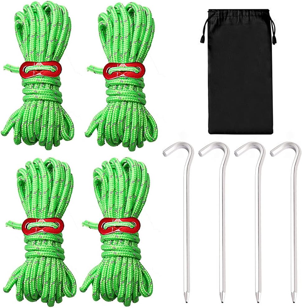 4 pcs Guy Ropes and 4 pcs Tent Pegs, 4mm Reflective Camping Cord Tent ...