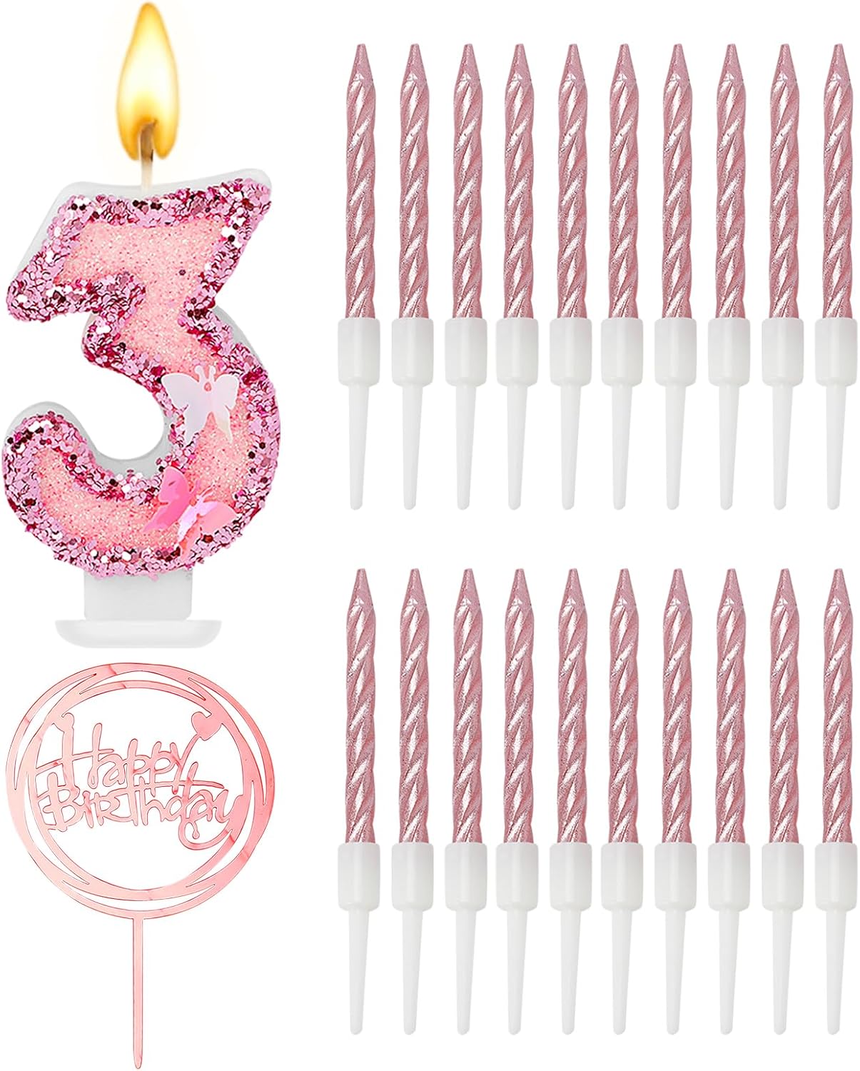 Amazon.com: Birthday Candles Number 3, Pink Glitter Happy Birthday Cake ...