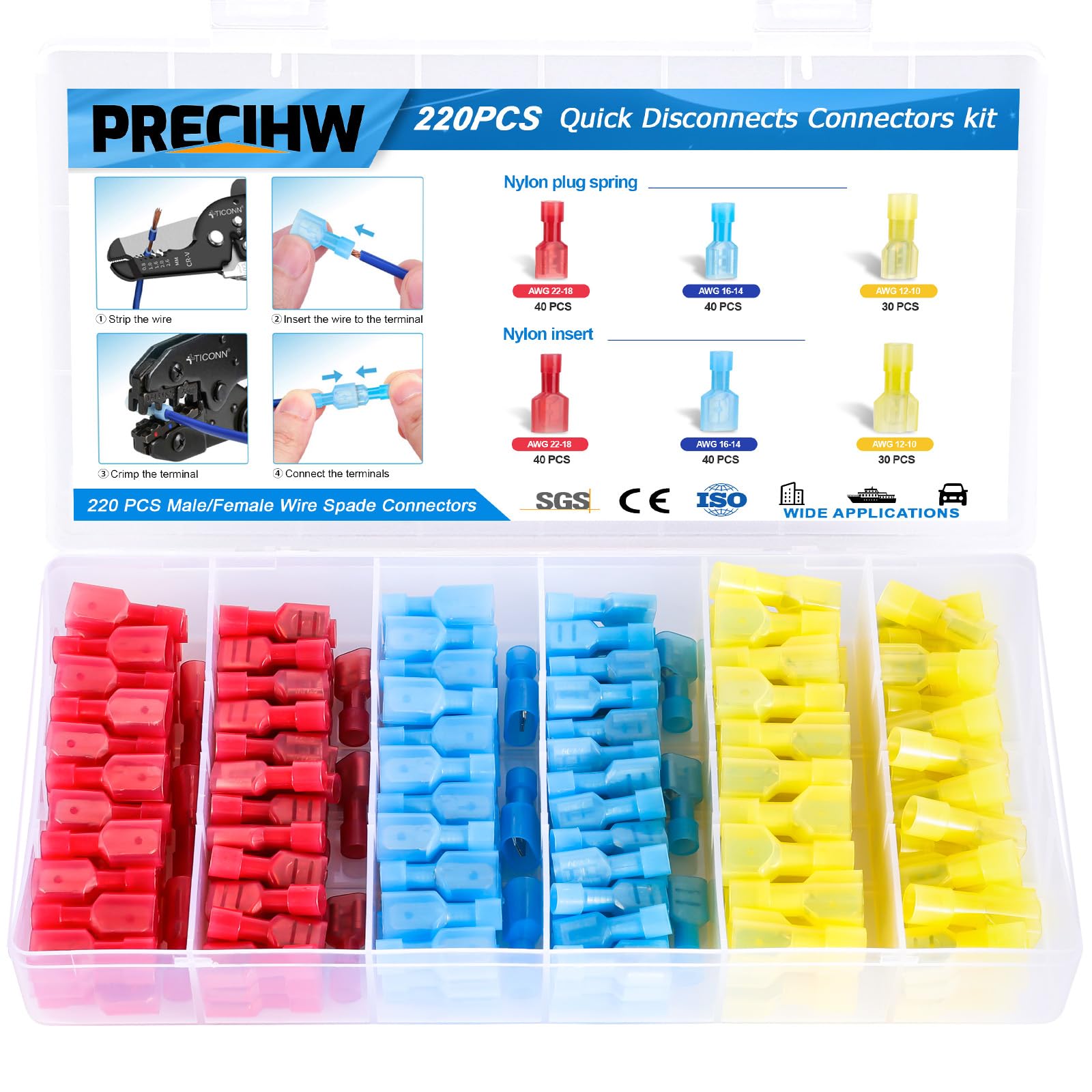 220 Pcs Nylon Spade Quick Disconnect Connectors Kit, 22-18/16-14/12-10 ...