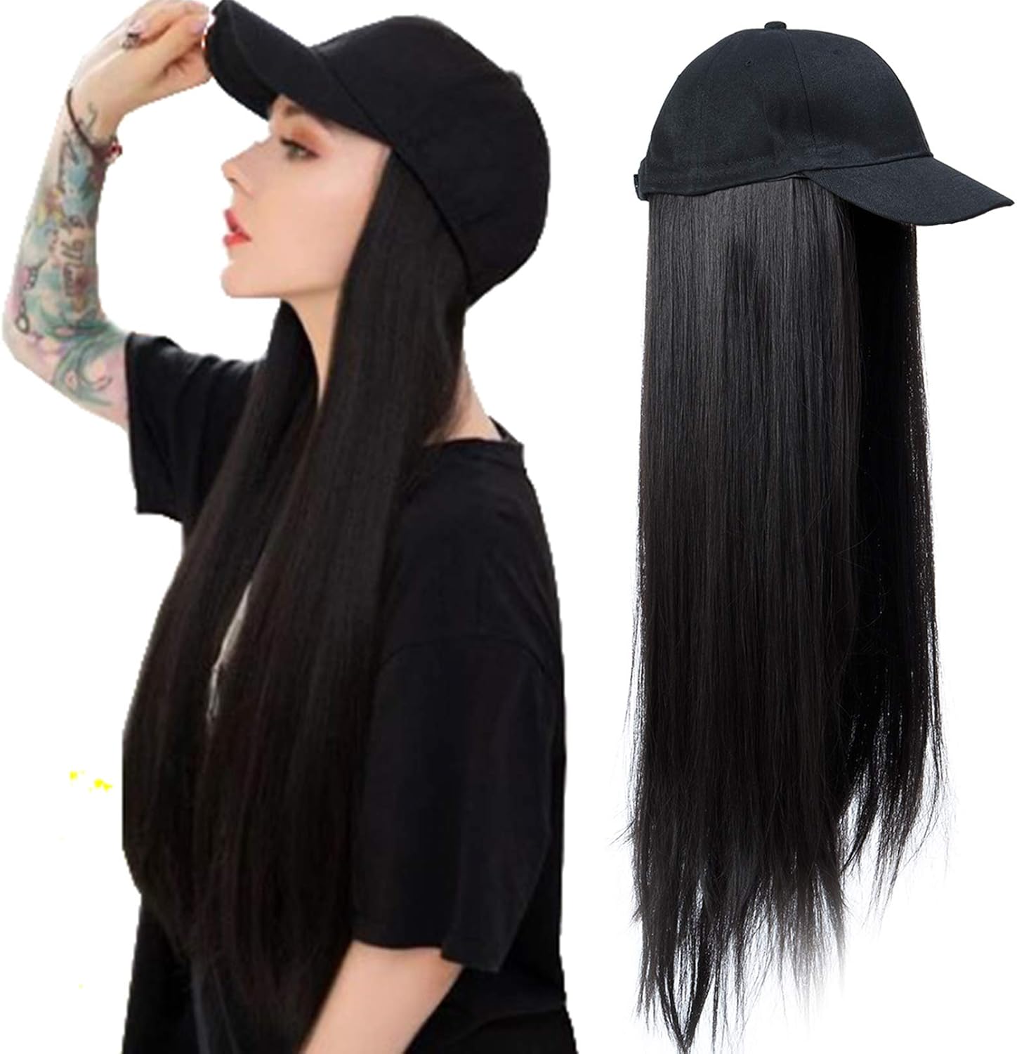 DODOING 21″ Baseball Cap With Synthetic Hair Extensions Long Straight ...