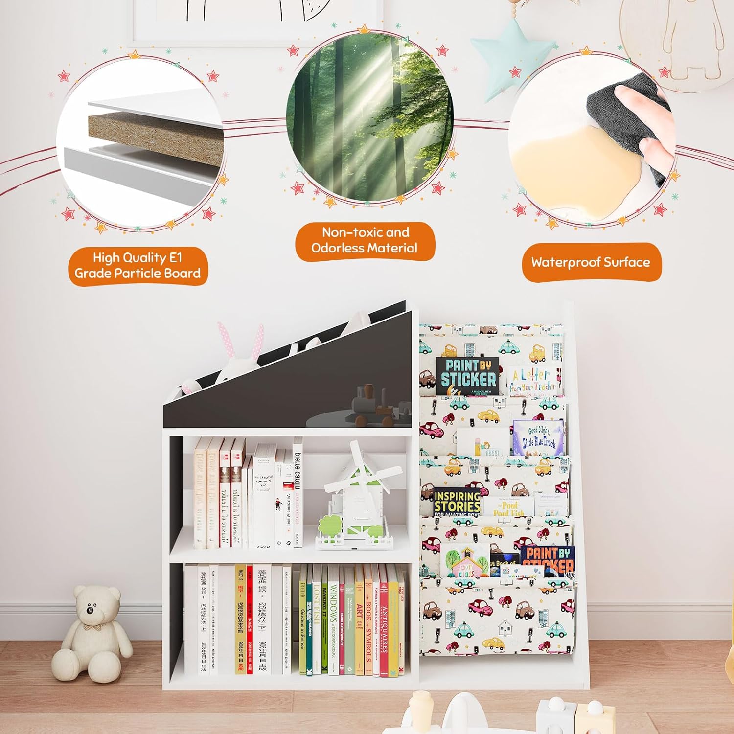 Kids Bookshelf 2-Tier Wooden,5 Layer Sling Front Facing Toddler ...