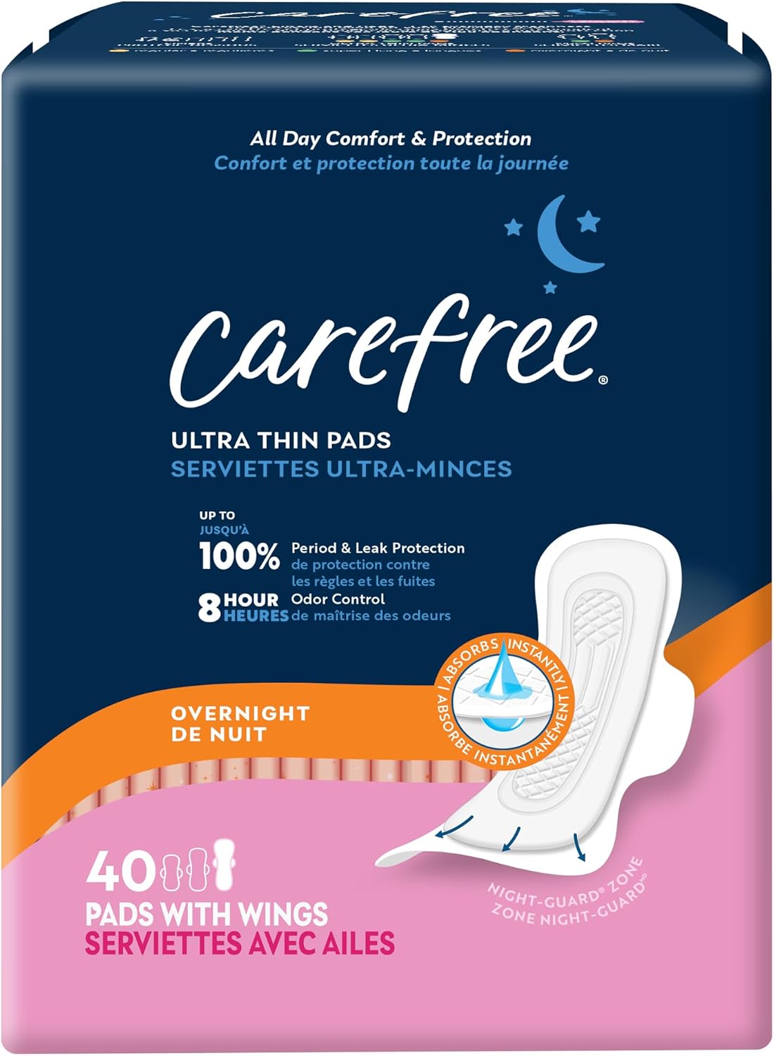 Carefree Ultra Thin Pads for Women, Overnight Pads With Wings, 40ct ...