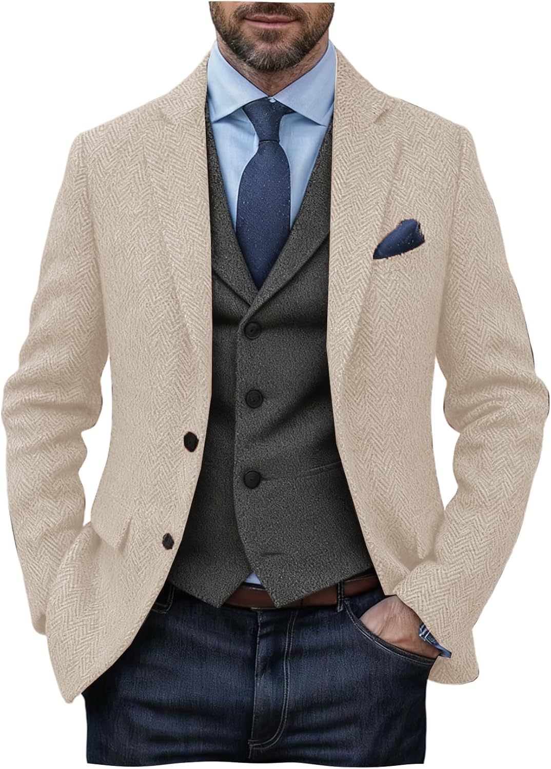 DRCUIVS Men's Herringbone Tweed Blazer Wool Blend Tailored Fit Single ...