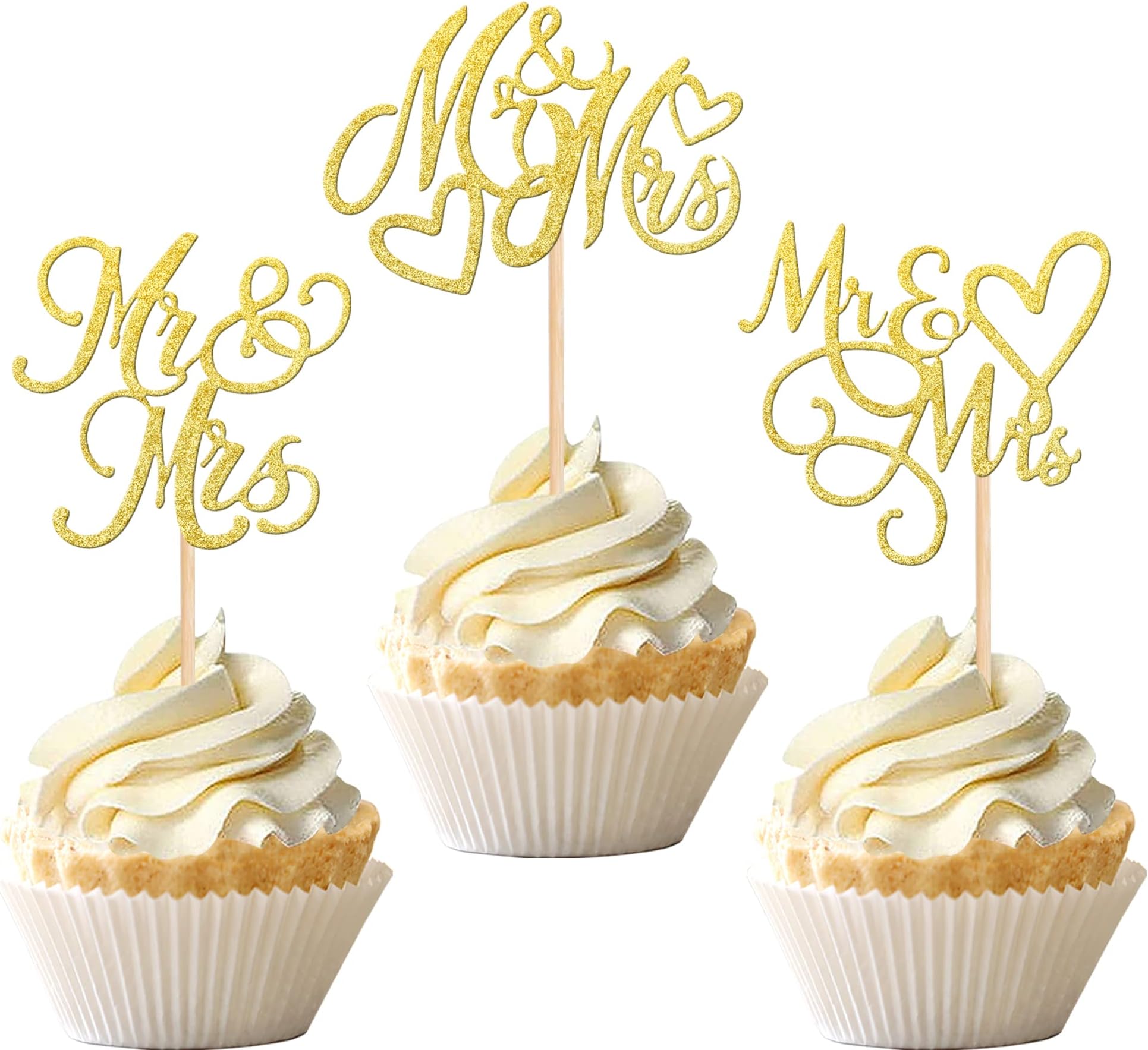 Amazon.com: 24 Pack of Mr & Mrs Cupcake Picks Gold Glitter Wedding ...