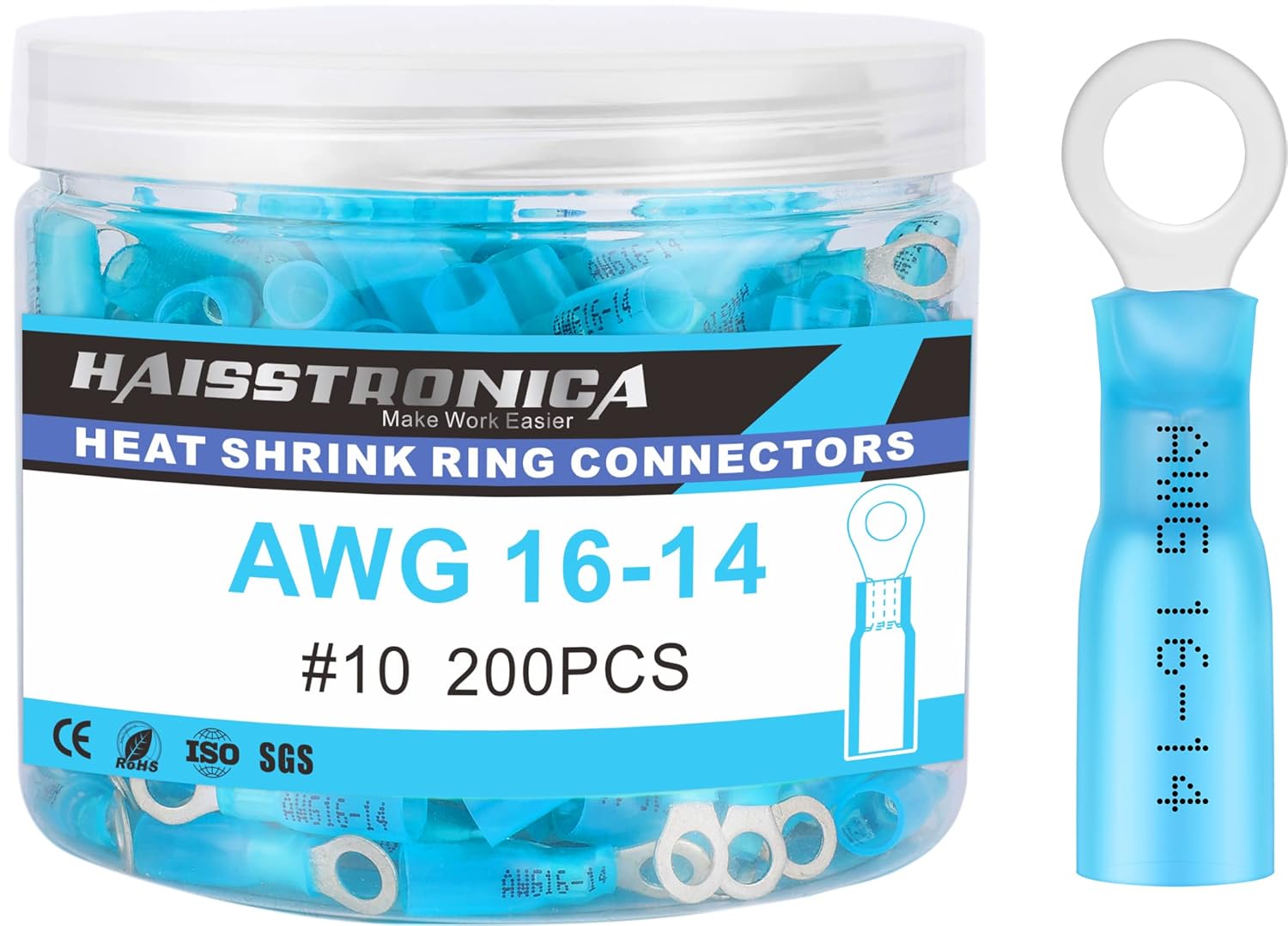haisstronica 200pcs #10 Blue Marine Grade Heat Shrink Ring Connectors ...