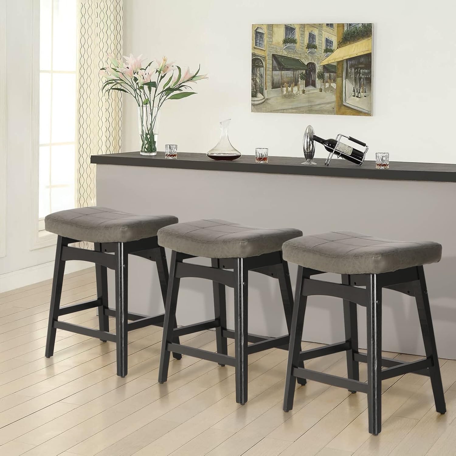 Amazon.com: Erste!Bravo Grey Solid Wood Bar Stools Set of 3 for Kitchen ...