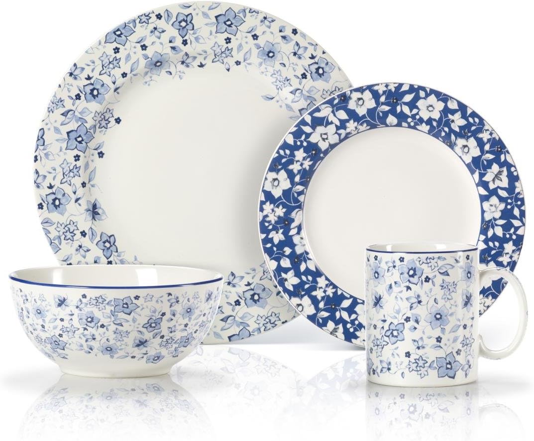 Amazon.com | Blue Meadows 16 Piece Dinnerware Set in Blue and White ...