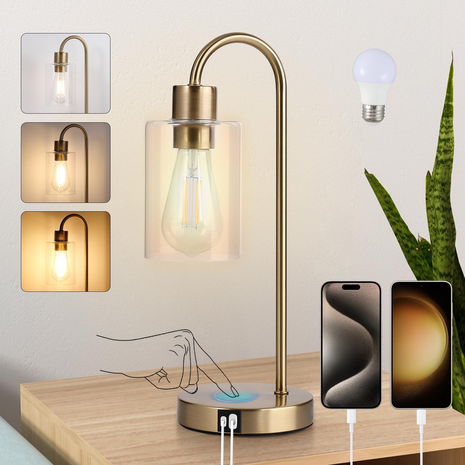 Gold Table Lamp with USB Port, 3 Way Dimmable Touch Control Bedside ...
