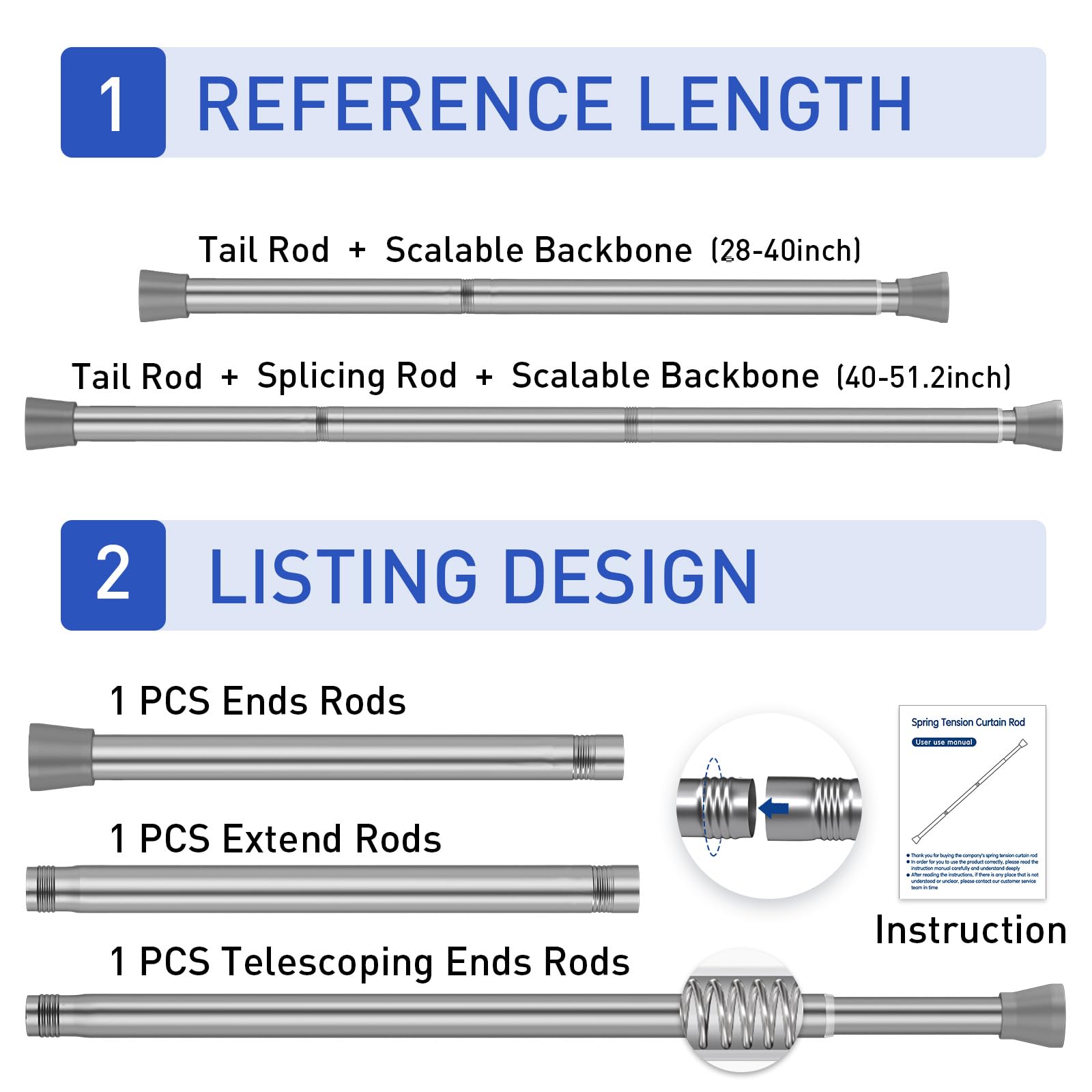 Snapklik.com : QINGYUN Tension Rods For Windows 28 To 48 Inches Silver ...
