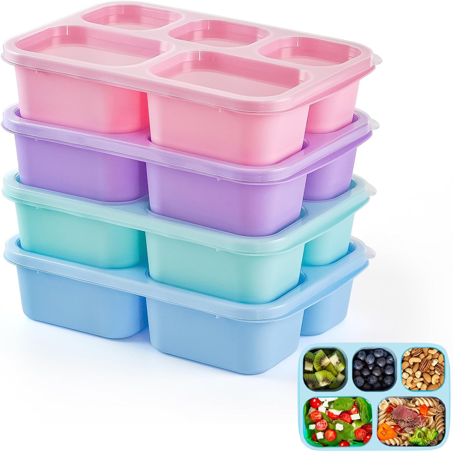 Amazon.com: Bento Lunch Box Reusable Snack Containers, 4 Pack, 5 Compartments Meal Prep ...