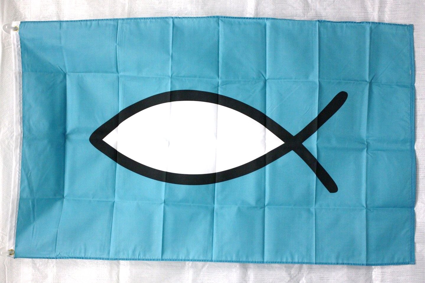 Snapklik.com : Blue Christian Fish Flag 3x5 Teal Jesus Christ Banner