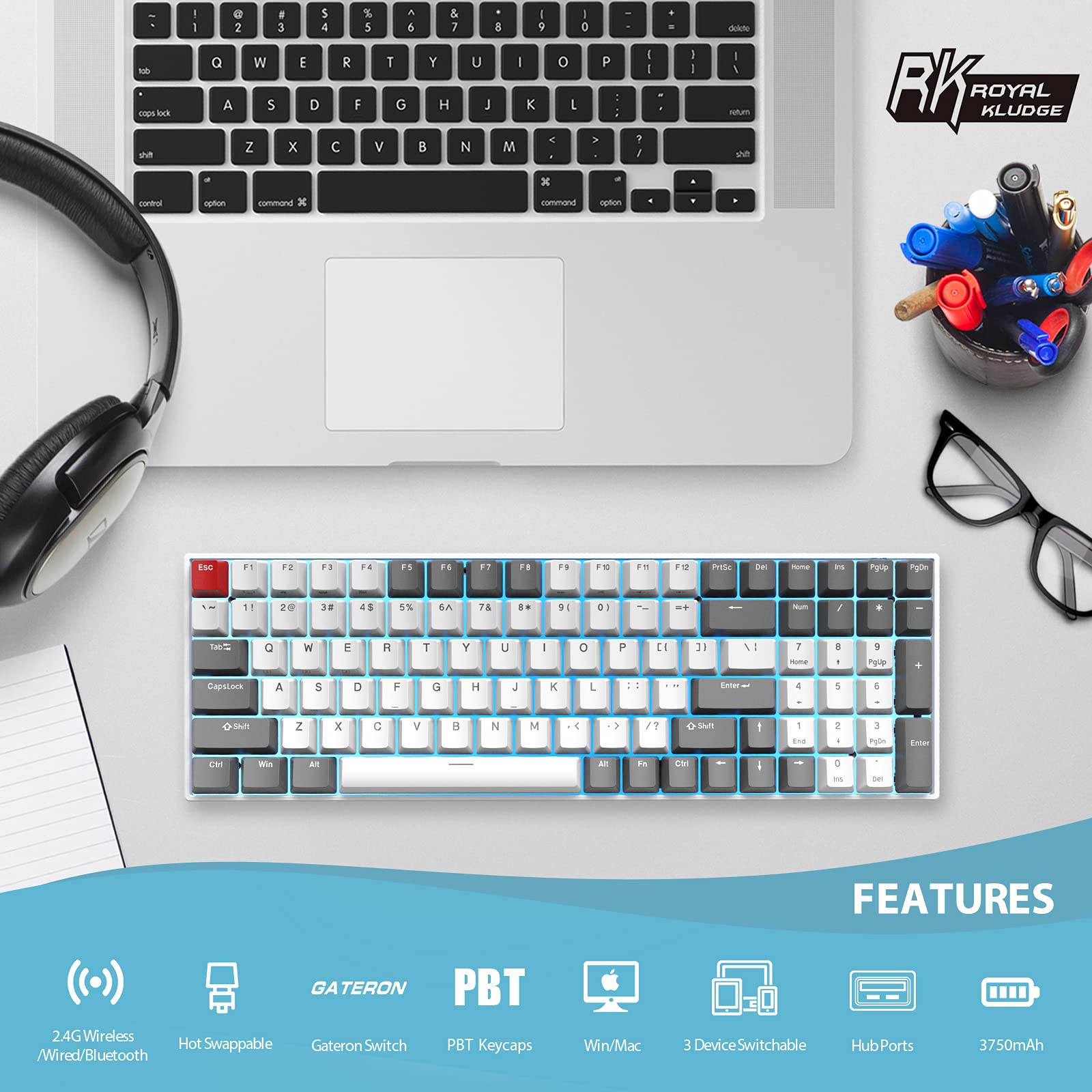 RK ROYAL KLUDGE RK100 Wireless Mechanical Keyboard, Bluetooth5.1/2.4G ...