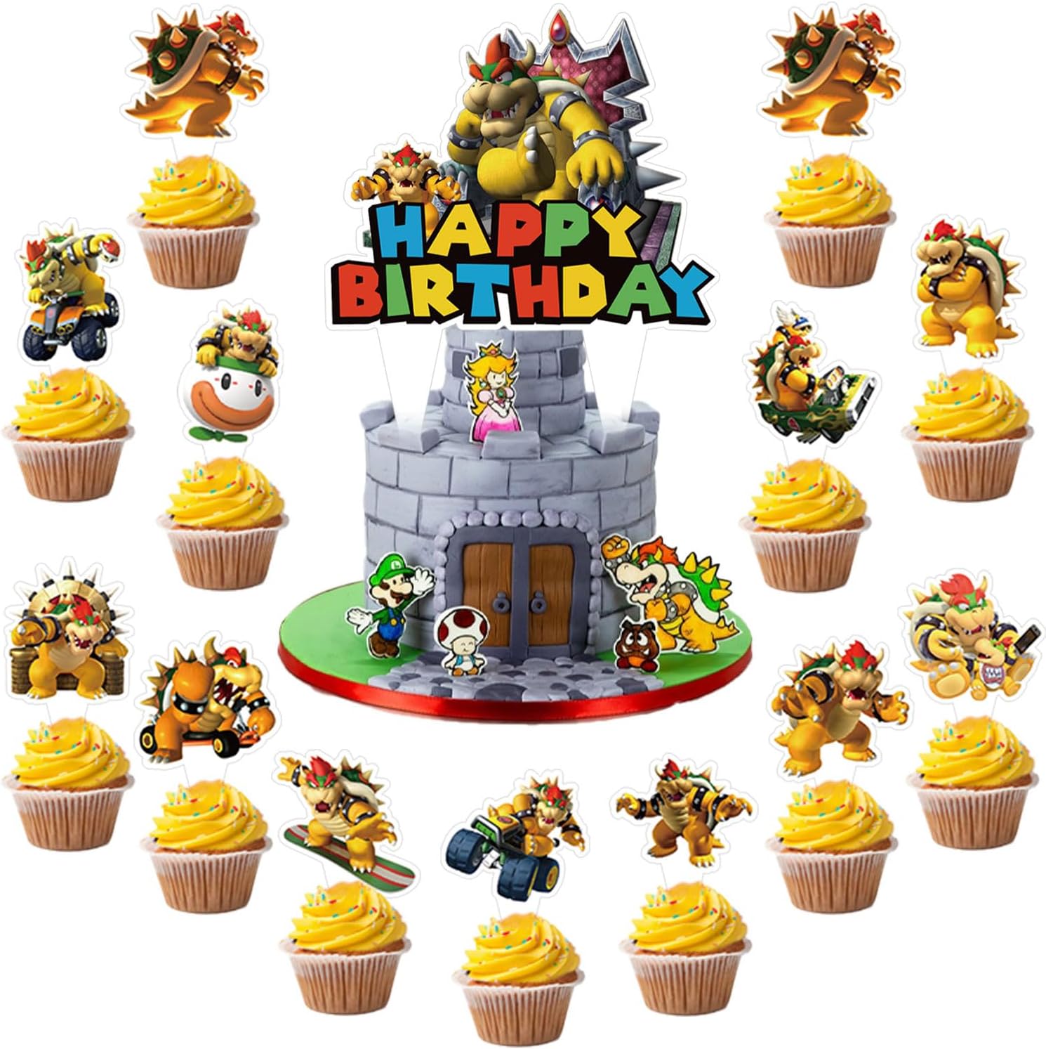 Aibegy 37pcs Mario Bowser Birthday Decorations,Mario Bowser Cupcake ...