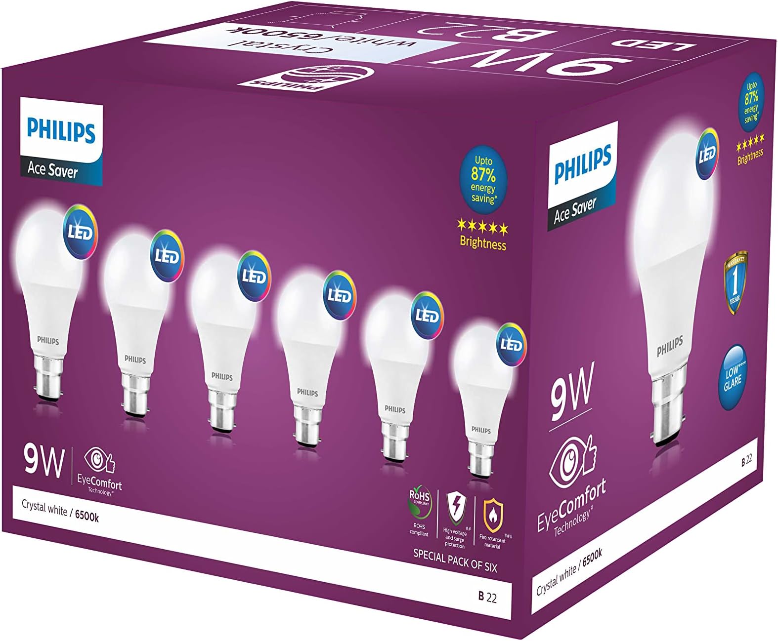 Philips 9-Watts B22 LED Cool Day White LED Bulb, Pack of 10, (Ace Saver ...