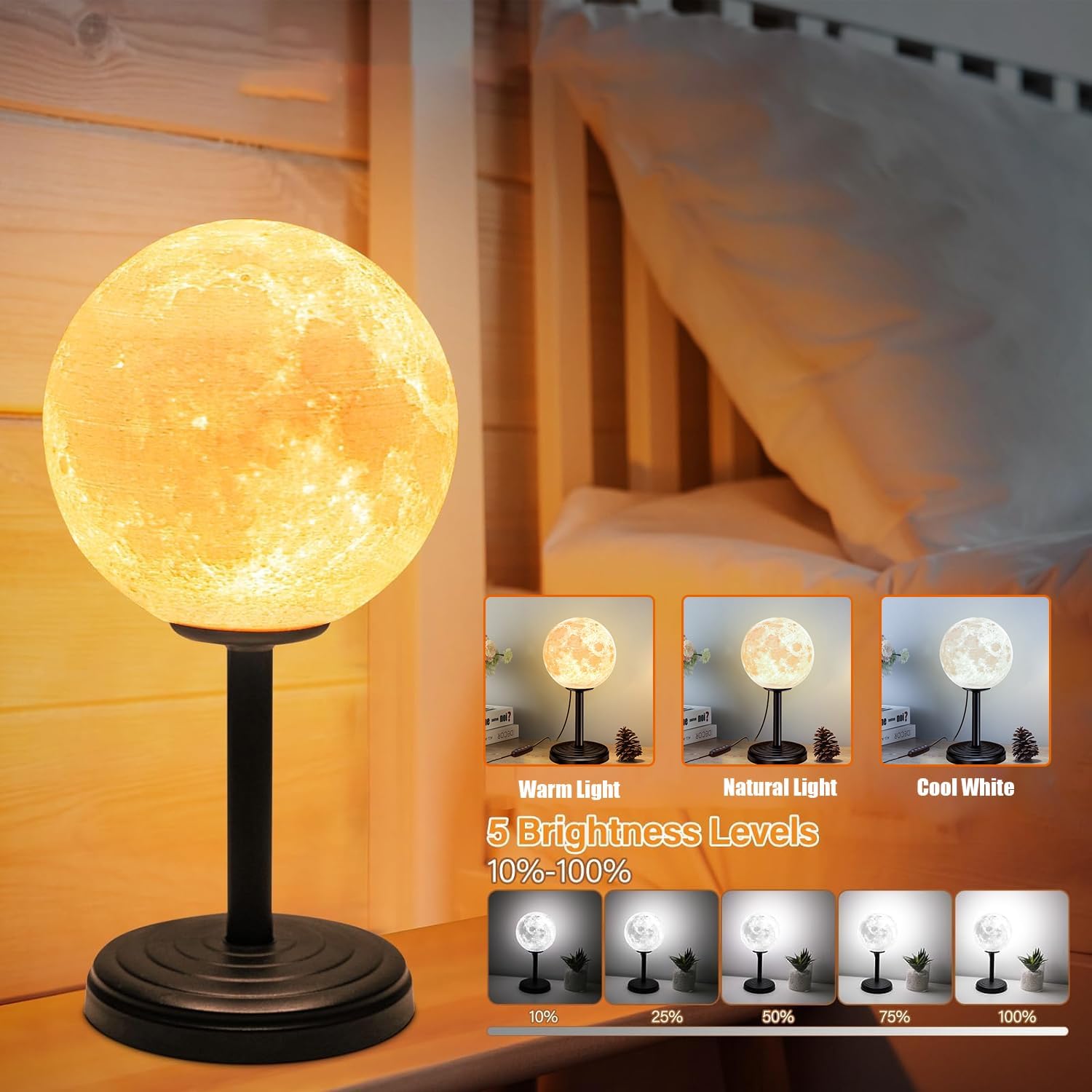 ELINKUME Moon Bedside Table Lamps,USB Charging Light,Dimmable Kids ...