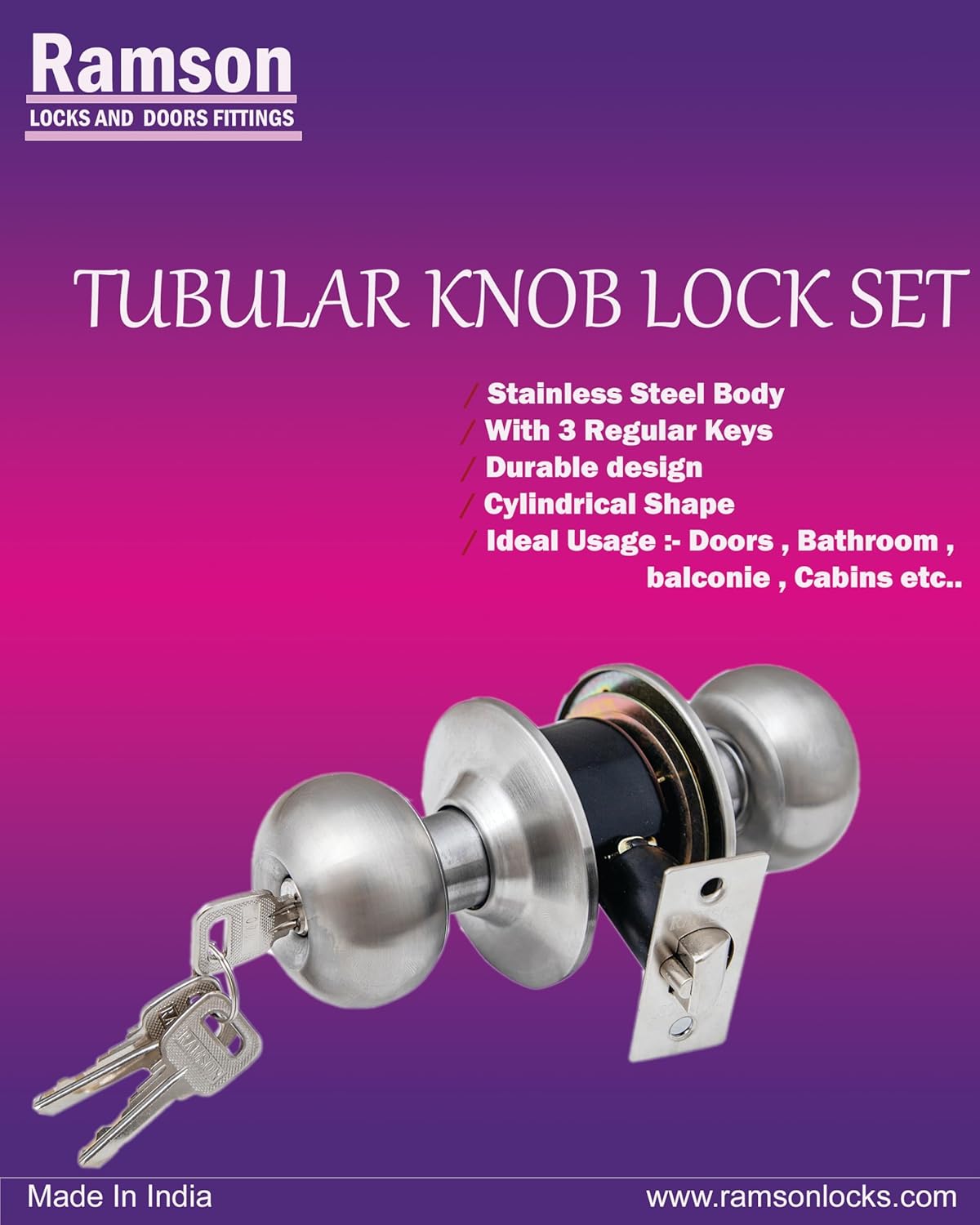 RAMSON Stainless Steel Tubular Knob Set 5791(SS Finish) with Regular Key : Amazon.in: Home ...