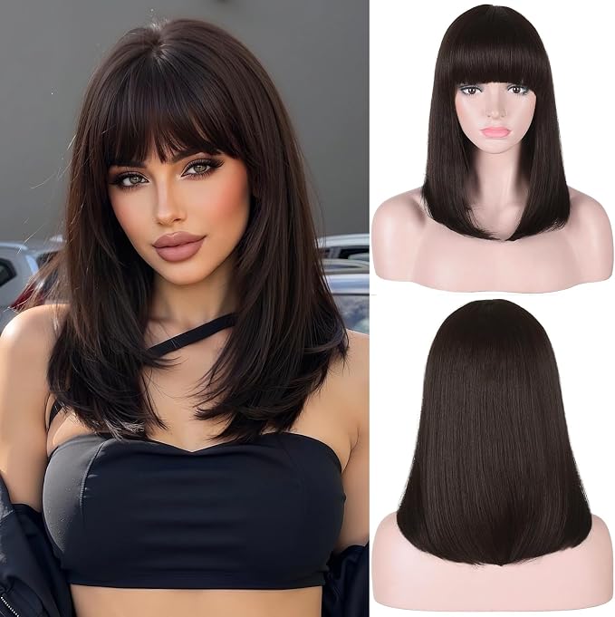 PORSMEER Medium Long Hair Wigs for Women Ladies Dark Brown Bob Wigs ...