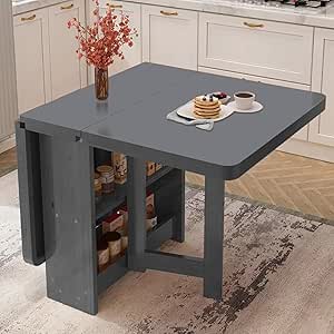 Amazon.co.jp: Solid wood folding kitchen table, drop leaf dining table with double layer storage ...