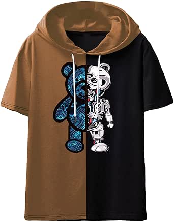 OYOANGLE Men's Color Block Bear Print Hooded Drawstring Short Sleeve ...